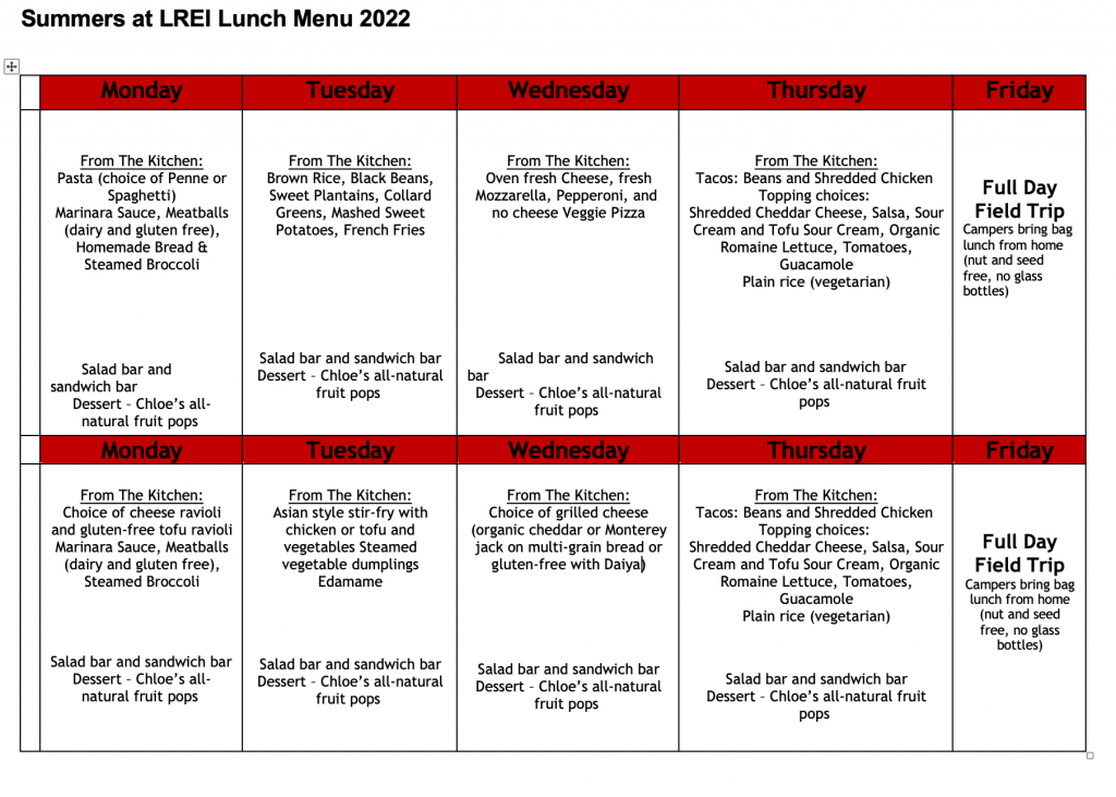 Lunch Menu - Summers at LREI